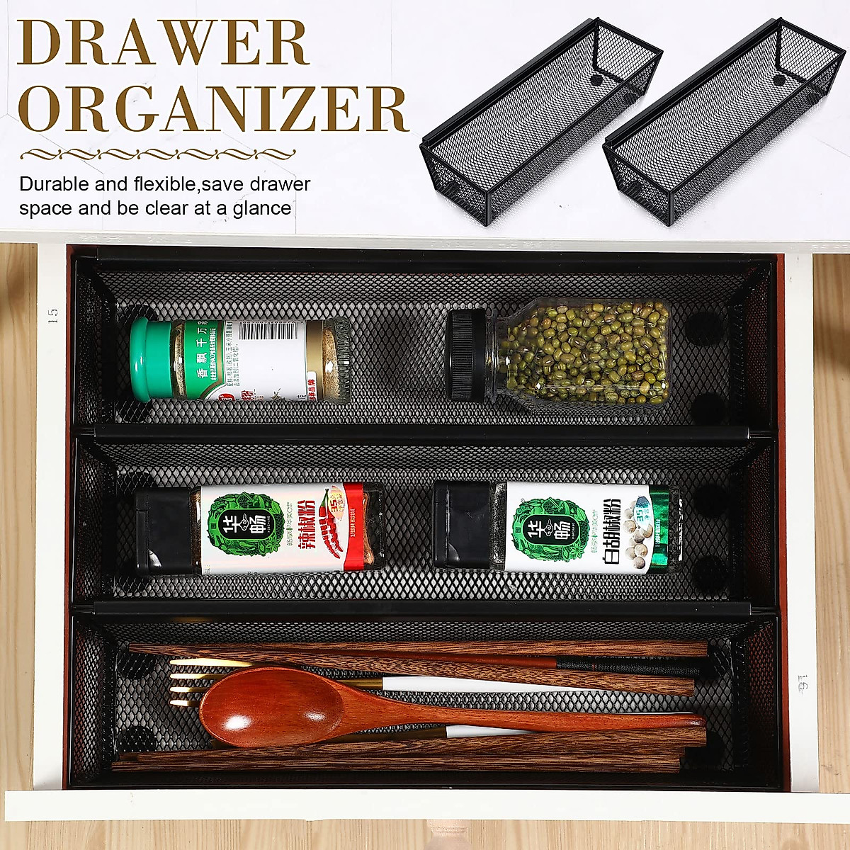 3 Pack Silverware Drawer Organizer Mesh Utensil Organizer for Kitchen Drawer, Silverware Tray with Interlocking Arm Narrow Utensil Holder for Flatware Spoon Knife Fork Pen, 12 x 3 x 2 Inch, Black