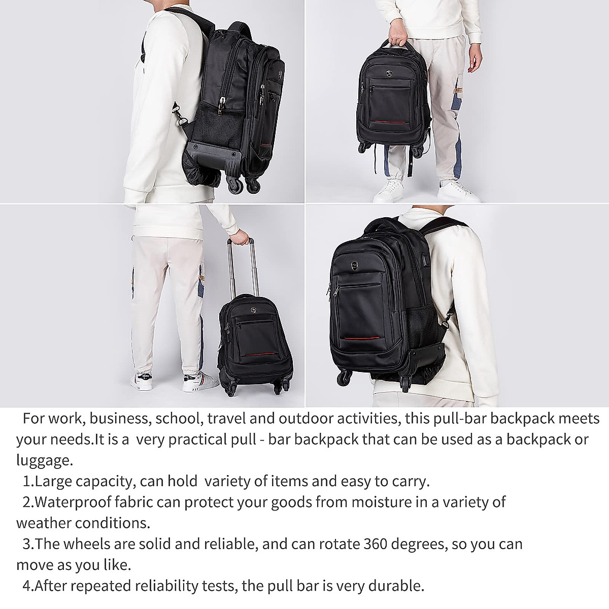 Temilla 360 °rotating Water Resistant Rolling Backpack with 4 Wheels,Travel Business College School，With Usb Charging Port (18-lnch)