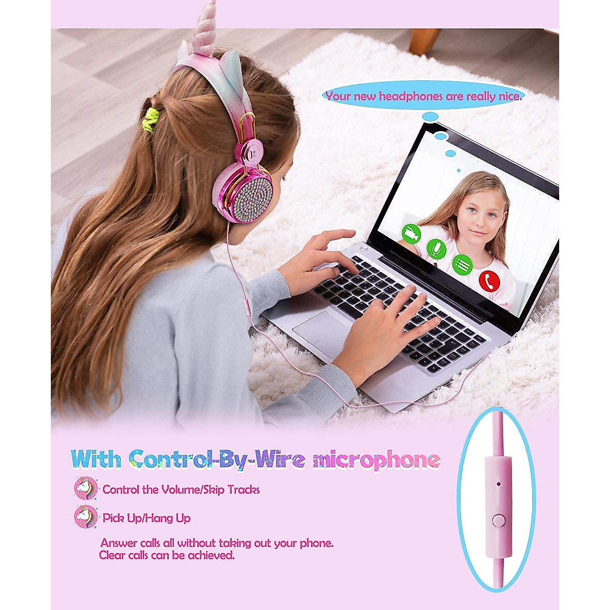 SVYHUOK Girls Pink Unicorn Wired Headphones,Cute Cat Ear Kids Game Headset for Boys Teens Tablet Laptop PC,Over Ear Children Headset withMic,for School Birthday Xmas Gifts