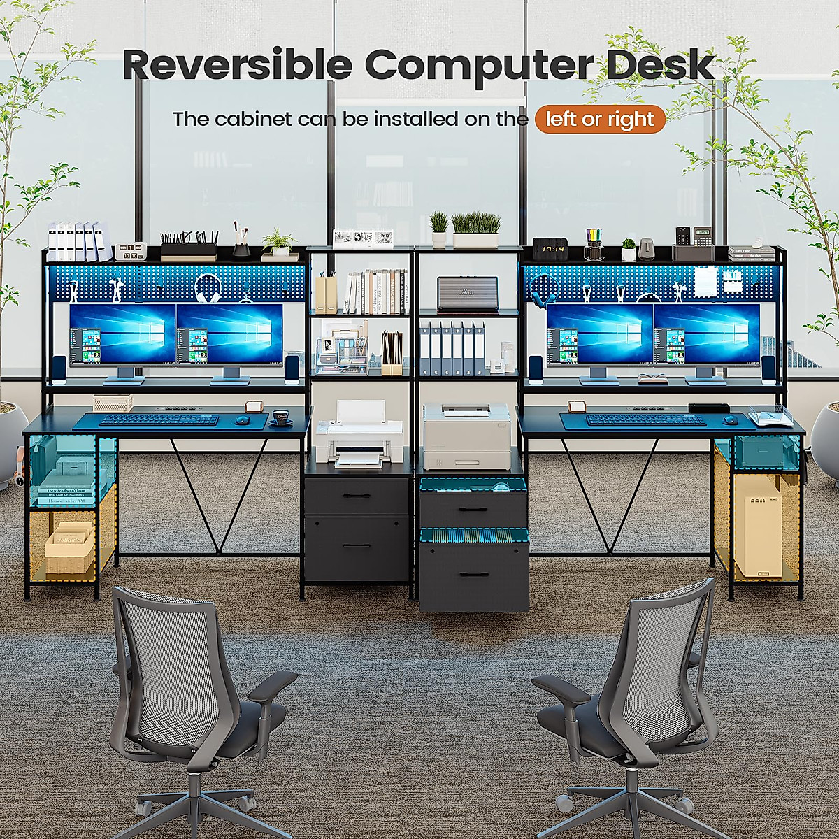 UPOSOJA Gaming Desk with Hutch, 65in Reversible Computer Desk with Power Outlets LED Light, Home Office Desk with Monitor Stand 2 Drawers 4 Storage Shelves Pegboard 8 Hooks Mouse Pad(Black)