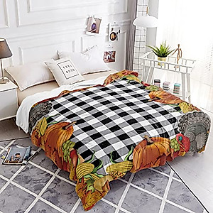 Throw Blanket- Thanksgiving Turkey Pumpkins Corn Soft Warm Plush Fleece Bed Throw,50x60In Flannel Blankets Farm Fall Harvest Bedding Throws for Women/Men Bedroom Living Room Office Classic Checkered