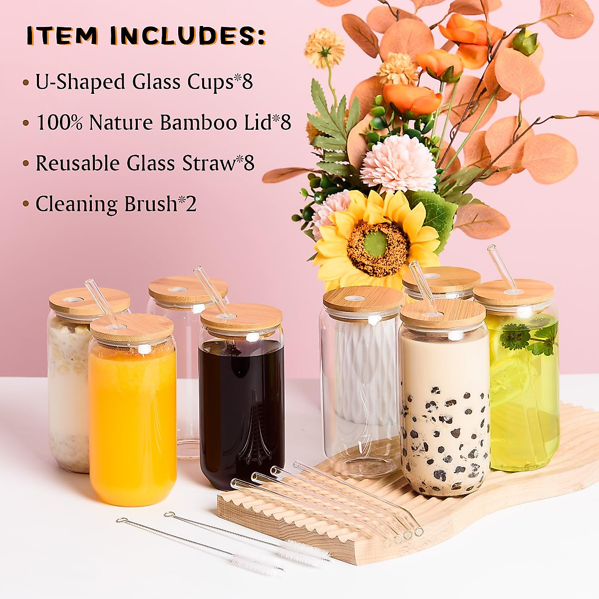 MOHARY [ 8pcs Set ] Drinking Glasses with Bamboo Lids and Straw 8pcs Set - 16oz U-Shaped Cups, Iced Coffee Glasses, Cute Reusable Bottle, Ideal for Whiskey, Beer, Tea, Gift - 2 Cleaning Brushes