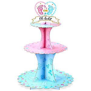 Gender Reveal Party Cupcake Stand Decorations, Blue and Pink 3 Tier Baby Shower Cupcake Toppers Tower Cardboard Supplies for Boy Girl Baby Gender Reveal Birthday Party Favors