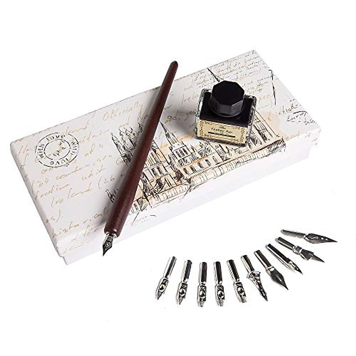 Hethrone Wooden Dip Pen Handcrafted Calligraphy Set with 11 Nibs & Black Ink 