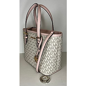 Michael Kors Jet Set Travel XS Carryall Convertible Top Zip Tote bundled with SM TZ Coinpouch and Purse Hook (Signature MK Vanilla/Pink)