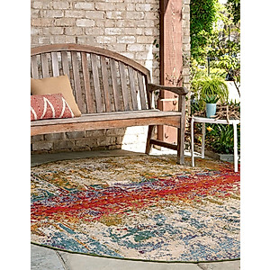 Unique Loom Outdoor Modern Collection Area Rug - Crumpled (3' 3" Round, Multi/ Gold)