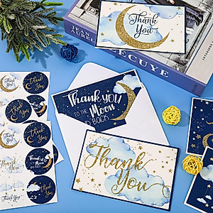 AnyDesign 36 Pack Stars Thank You Greeting Cards with Envelopes Matching Seal Stickers Blue Starry Delight Blank Note Cards Twinkle Moon Event Stationery for Baby Shower Birthday Supplies