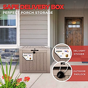 QFAR 31 Gal Deck Box Outdoor Storage Box Waterproof,Package Delivery Boxes, Patio, Porch, Outside/ Indoor Resin Bin,Padlock & Deliveries Sign Included