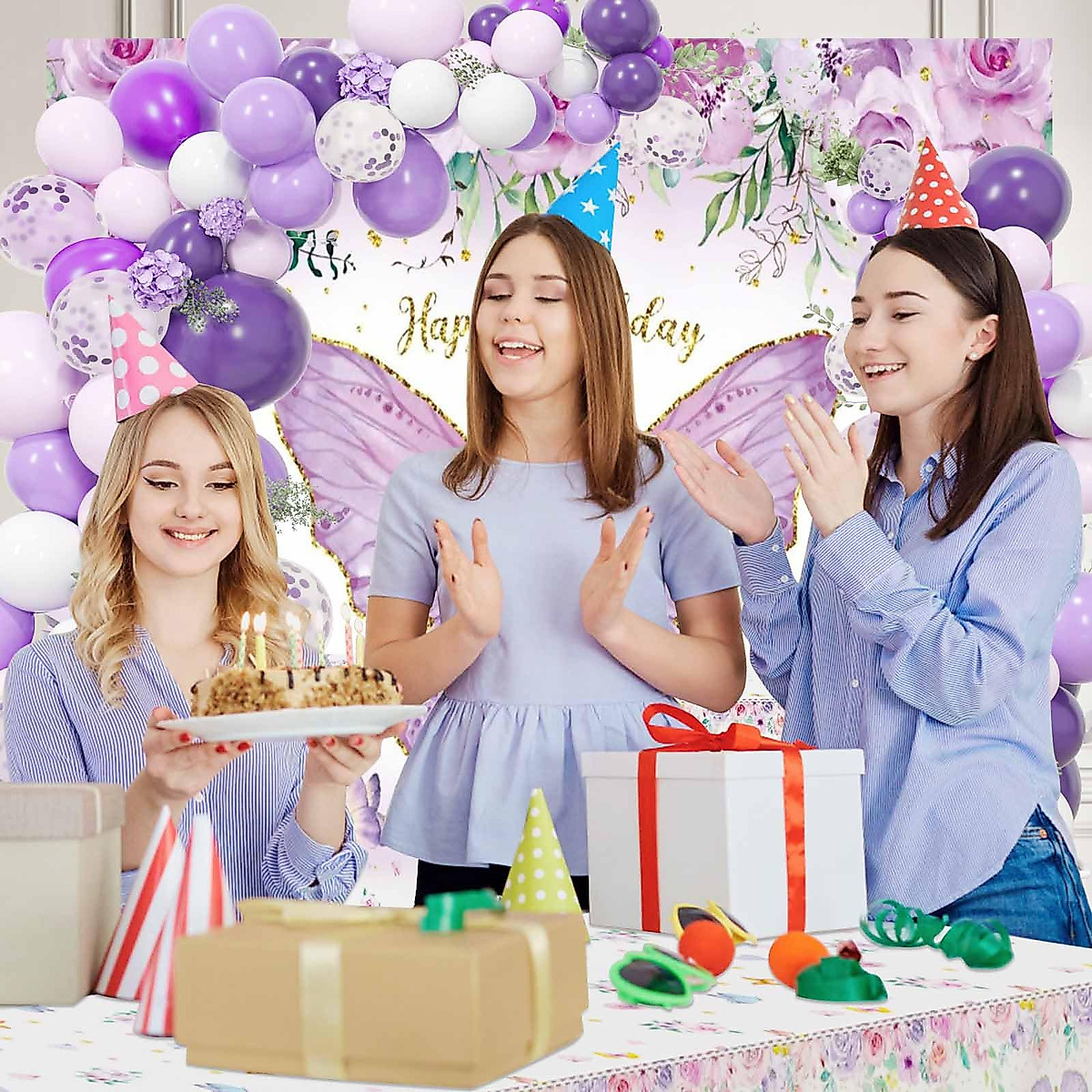 Purple Happy Birthday Party Decorations Butterfly Set for Women Girls Men Boys, Backdrop, Banner, Purple Balloon, Tablecloth for 2th 8th 13th 16th 18th 21th 25th 30th 40th 50th 60th 70t Party Supplies