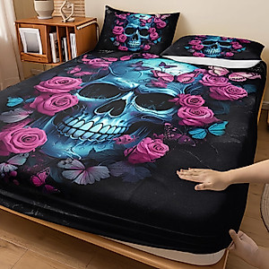 AILONEN 3D Skull Fitted Sheet Set Twin XL Size, Oil Ren Rose with Skeleton Design Bed Sheet Set for Boys Girls Teens,Gothic Skull with Butterfly Bedding Set,1 Fitted Sheet and 2 Pillow Case,3 Pieces