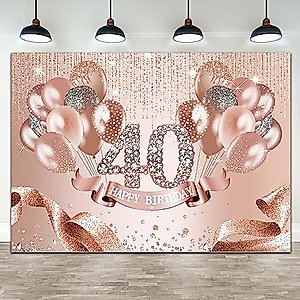 Wollmix 40th Birthday Decorations Women Backdrop Banner 7x5ft Happy 40th Bday Pink Rose Gold Balloons Party Supplies Photography Background Sign Poster 40 Fifty Years Old Photo Booth Props