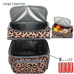 FlowFly Double Layer Cooler Insulated Lunch Bag Adult Lunch Box Large Tote Bag for Men, Women, With Adjustable Strap,Front Pocket and Dual Large Mesh Side Pockets,Leopard