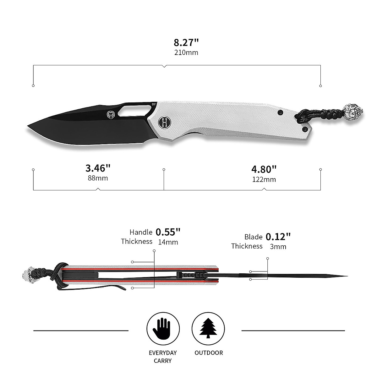 Holtzman's Gorilla Survival Mens Folding Pocket Knife Set D2 Steel Blade G10 Handle Pocket Knife EDC Gift set for Men (black blade+dark grey/ed liner G10 handle)