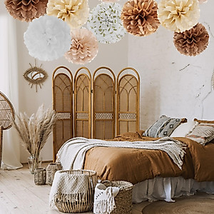 Boho Baby-Shower Party-Decorations Tissue Pom-Poms - 12pcs Neutral Rainbow Birthday Wedding Bridal Paper Flowers Streamers,White Brown Champagne Engagement Bachelorette Christmas Decor Ouruola