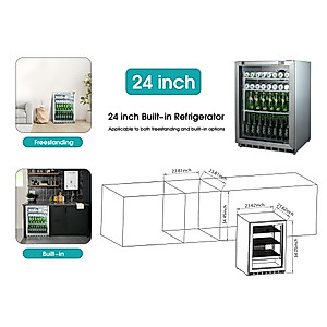 HCK 24 inch Freestanding/Built-in Beverage Cooler Refrigerator with 5.12 cu. ft. 161 cans Capacity, Undercounter refrigerators Reversible Glass Door and Stainless Steel Body for Soda Beer and Wine