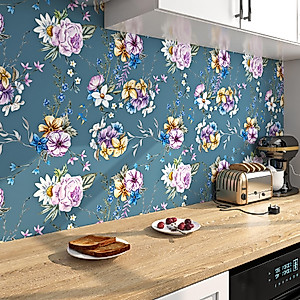 ReWallpaper Blue Floral Peel and Stick Wallpaper - Boho Modern Flower Pattern - Self Adhesive Contact Paper - Bod Wallpaper for Bedroom Bathroom 17.5inx10ft
