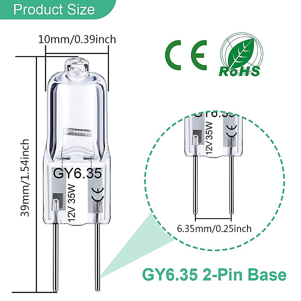 GY6.35 Halogen Light Bulbs 12 Volt 35 Watt, 12 Pack 2 Pin GY6.35 Base Bulb, Replacement T4 Tubular JCD Type Bulb for Ceiling Lights, Table Lamp, Chandelier, 2700K Warm White, Dimmable