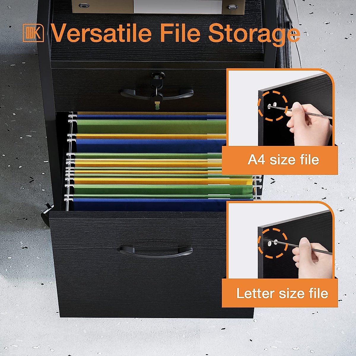 ODK File Cabinet with 2 Drawers, Mobile Office Cabinet with Lock on Wheels, Rolling Office Printer Stand Filing Cabinet for A4, Letter Sized Document with Iron Hook, Black