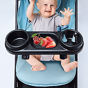 Txkrhwa Stroller Snack Tray with Cup Holder Universal Stroller Food Tray Removable Non-Slip Grip Clip for Stroller Bar Reusable Stroller Snacks Holder for Strollers with Round Armrests