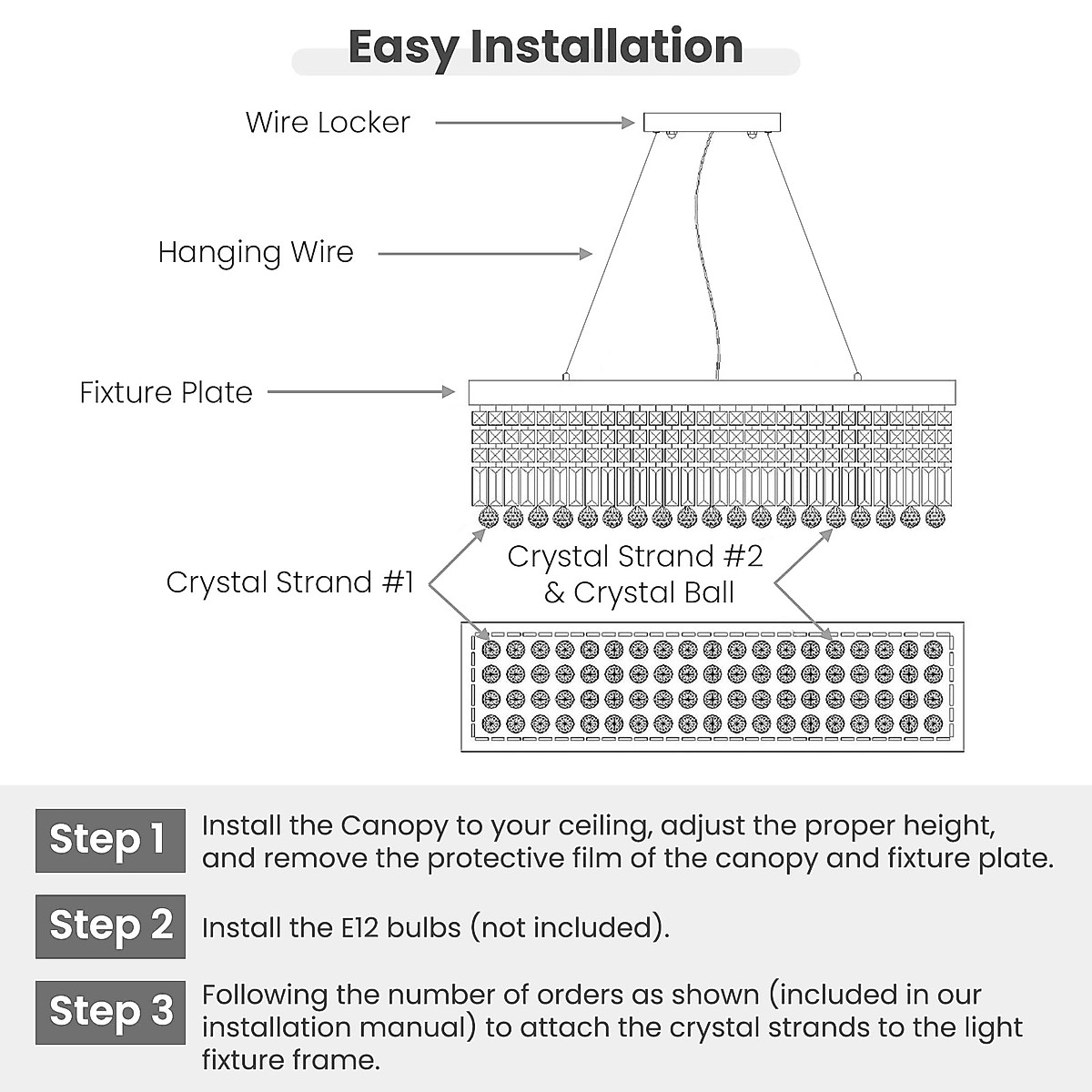 7PM Rectangle K9 Crystal Chandelier Modern Rectangular Pendant Lighting Fixture for Dining Room Kitchen Island Bedroom Black L40 x W10 x H10