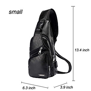 JUMO CYLY Leather Sling Bag with USB Charging Port Large Mens Crossbody Shoulder Bag Travel Sling Chest Bag (Small Black)