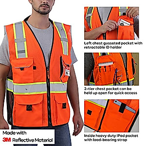 Neopelta Reflective Safety Vest Orange Mesh, Made with 3M Reflective Tape, Heavy Duty Vest with ID pocket, iPad Pocket, Padded Neck, Orange L