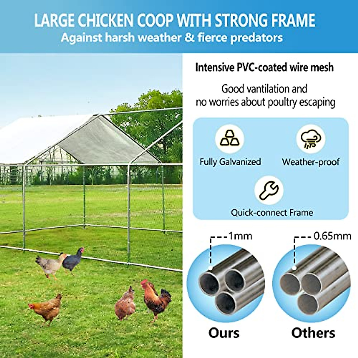 LEISU Outdoor Large Chicken Run Walk-in Chicken Coop with Waterproof Cover Chicken Playpen Metal Hen Cage Duck Cage Enclosure Rabbit Nest Fence Chicken Cages for Backyard Farm (19.7'x9.9'x6.57')
