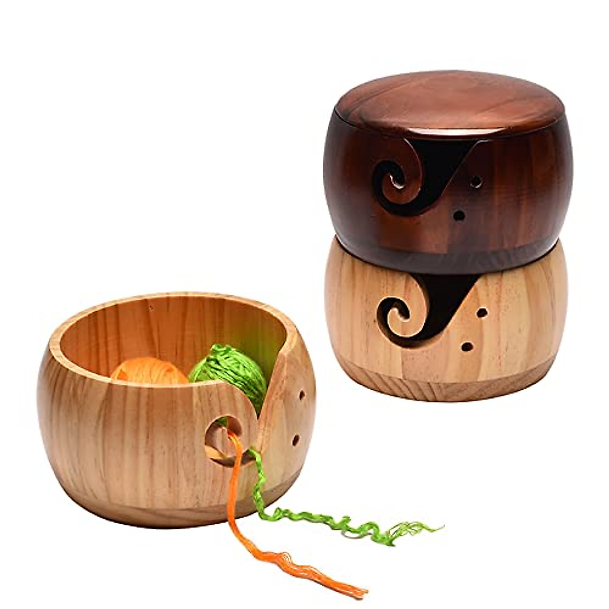 Wooden Yarn Bowl,Yarn Bowls with Lid for Knitting Crochet Yarn Ball Holder Handmade Yarn Storage Bowl for DIY Knitting Crocheting Crochet Kit Organizer Accessories with 12 Crochet Hooks (Dark Wood)
