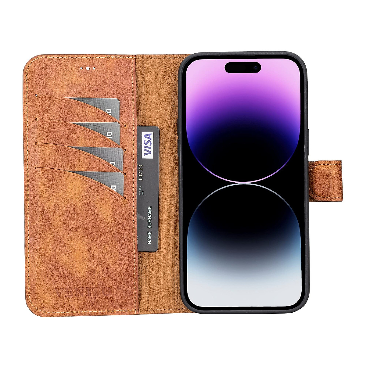 Venito Ravenna Slim Magic Leather Wallet Case for iPhone 14 Pro Max (6.7" Antique Brown)
