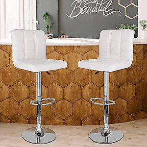 SUPER DEAL Set of 2 Bar Stools for Kitchen, Modern PU Leather Swivel Adjustable Counter Height Swivel Stool with Square Back (2, White)