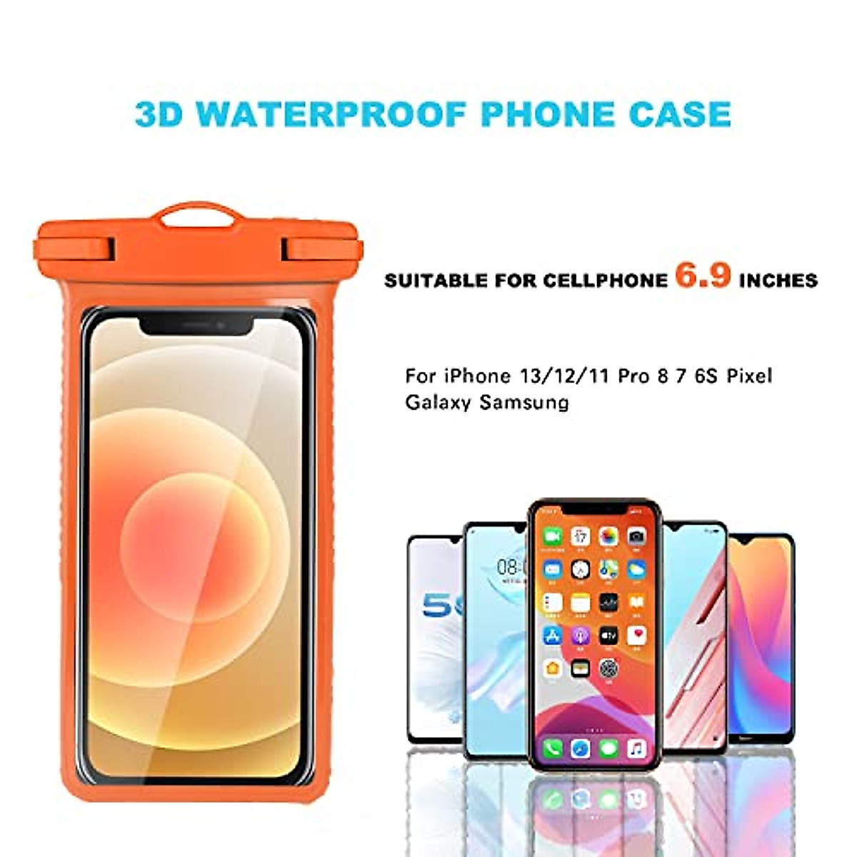 LANQI 2Pcs New for 2022 3D Waterproof Phone case,Underwater Phone Pouch Bags for iPhone 13/12 /11 Pro Max/XR/SE/XS/8 7 6S Plus, Samsung Galaxy, and Pixel Phones Up to 6.9''-Black/Orange