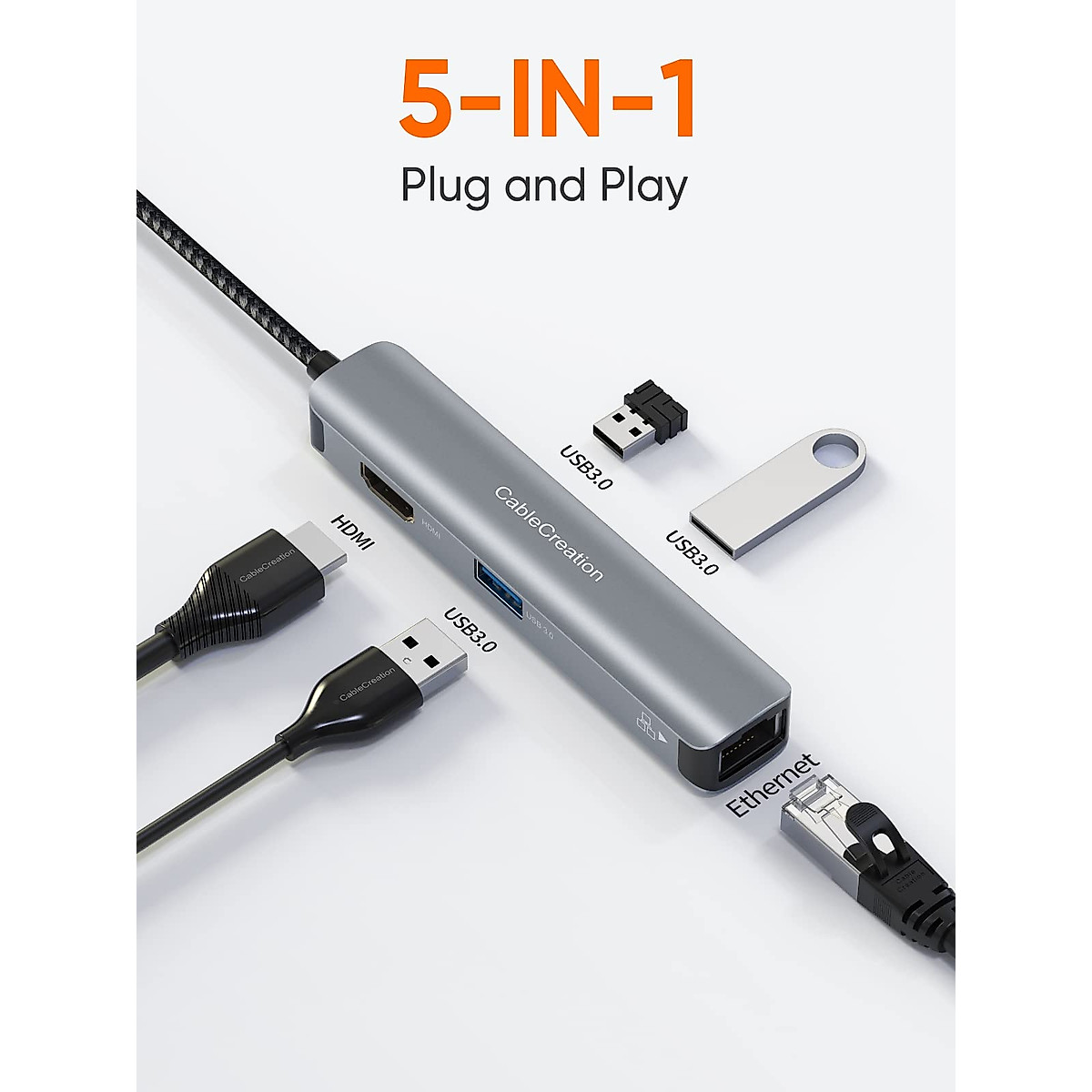 USB C Hub Multiport Adapter, CableCreation 5-in-1 USB C Adapter Aluminum Shell with 4K HDMI, 1Gbps Ethernet, 3 USB 3.0 Ports for MacBook Pro/Air 2020/2019, iPad Pro 2020, Surface Go, XPS