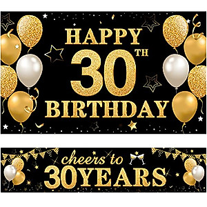 2Pcs 30th Birthday Banner Backdrop Decorations for Men Women, Black Gold Happy 30th Birthday Cheers to 30 Years Yard Banner Sign Party Supplies, Thirty Year Old Birthday Decor for Indoor Outdoor