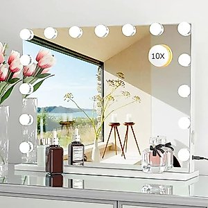 Despful Vanity Mirror Makeup Mirror with Lights,10X Lens,22.8"x 18.1" Hollywood Lighted Vanity Mirror with 15 Dimmable LED Bulbs,3 Color Modes,Touch Control for Bedroom,Tabletop or Wall-Mounted