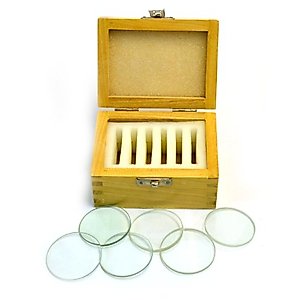 Glass Lenses Set of Six in Wooden Case - 50 mm Dia, 3 Double Convex (20, 30, 50cm FL) and 3 Double Concave (20, 30, 50cm FL) - Eisco Labs