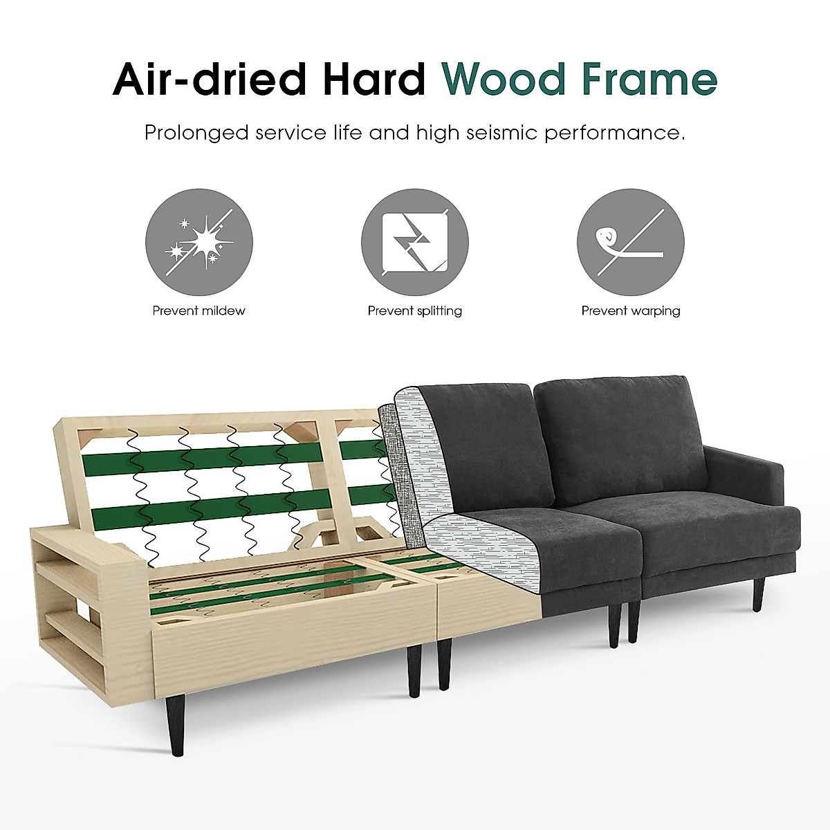 MCombo Sectional Couch Sofa L Shaped Couch for Living Room 3-Seat Dark Grey Sofa for Bedroom Modern Couch Set of 4 for Small Space Apartment Velvet Couch with Ottoman