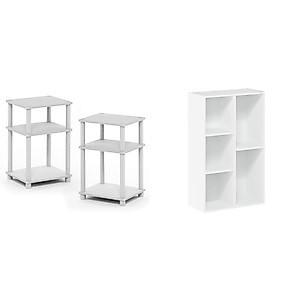 Furinno Just 3-Tier Turn-N-Tube End Table / Side Table / Night Stand / Bedside Table with Plastic Poles, 2-Pack, White/White and Furinno Luder Bookcase / Book / Storage, 5-Cube, White