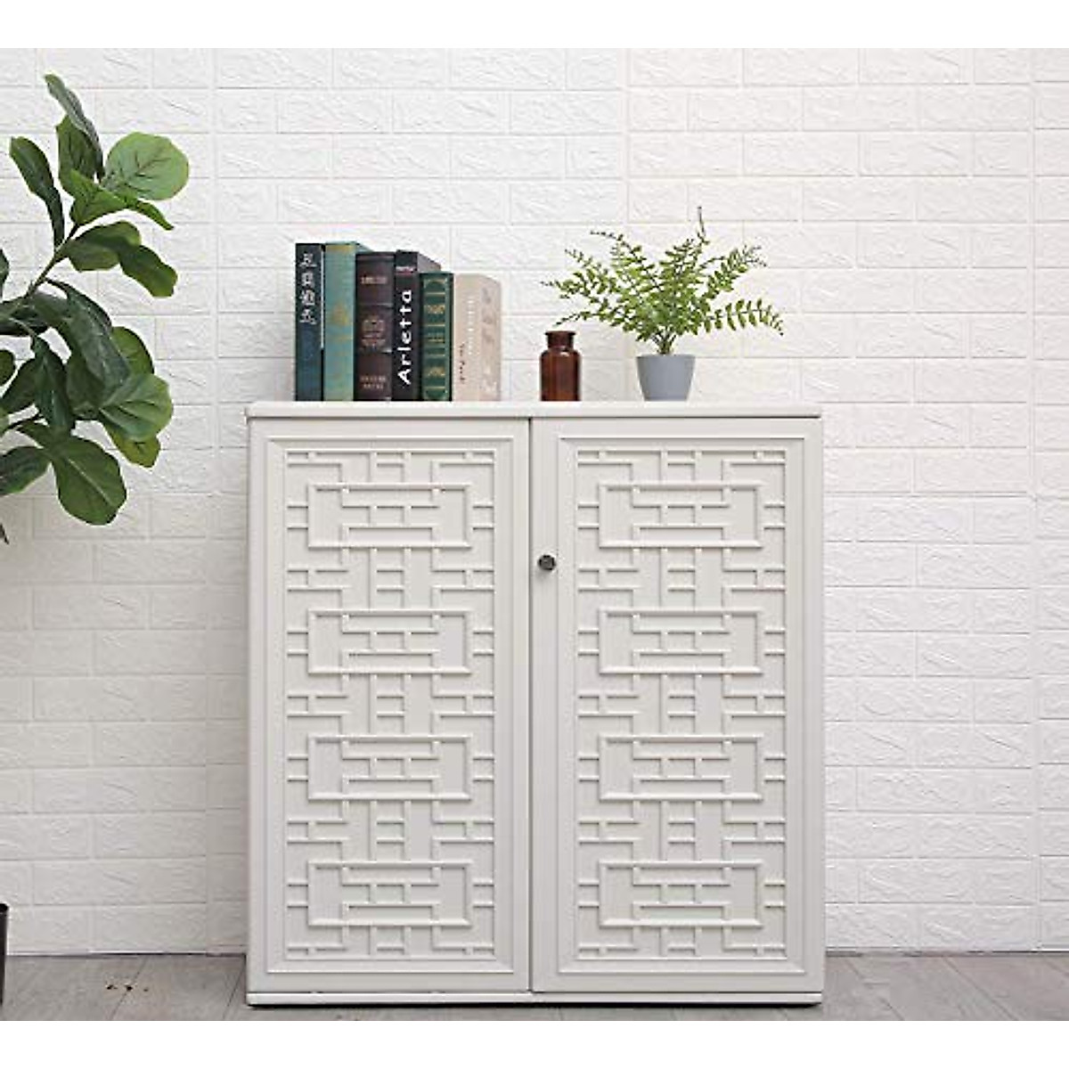 HOMSPARK Medium Resin Storage Cabinet Waterproof, 60-Gallon Indoor & Outdoor Deck Box for Garden Tools, kitchen Accessories, with 2 Laminate Shelves, (34 in. L x 15 in. W x 36 in. H, Light Beige)