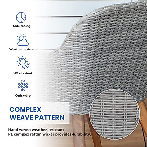 Soleil Jardin Patio Dining Chairs Set of 2 with Wood Legs, Outdoor Rattan Wicker Chairs with Seat Cushions for Lawn, Deck, Porch, Balcony, Backyard and Garden, Grey