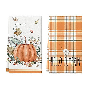 Artoid Mode Orange Watercolor Stripes Hello Pumpkin Fall Kitchen Towels Dish Towels, 18x26 Inch Seasonal Leaves Decoration Hand Towels Set of 2