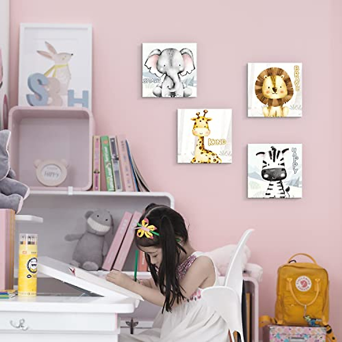 Creoate Kids Room Decor Wall Art, 4 Pieces Cute Animal Picture with Inspirational Quotes Canvas Print Artwork Framed Set Adorable Nursery Wall Art for Kid Baby Child Room (12x12 Inch x4pcs)