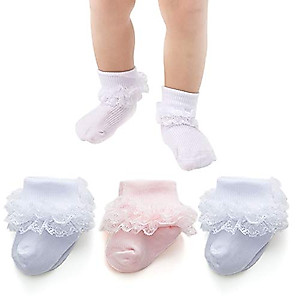 Mini angel Baby Lace Socks Newborn Girls Triple Lace Ruffle Frilly Socks Soft Cotton Turn Cuff Socks with Box Gift Set,3 Pairs,White/Pink,0-6 Months