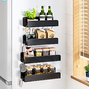 Magnetic Spice Rack for Refrigerator, Magnetic Shelf Fridge Spice Rack Organizer 4 Pack with 16 Hooks, Moveable Strong Magnetic Seasoning Organizer and Shelf for Kitchen Refrigerator Microwave