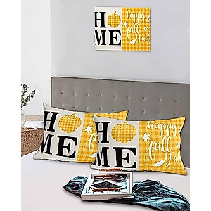 Edwiinsa Fall Pumpkin Pillow Covers King Standard Set of 2 Bed Pillow, Farmhouse Yellow Plaid Splicing Plush Soft Comfort for Hair/Skin Cooling Pillowcases with Envelop Closure 20''x36''