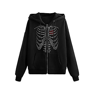 SHENHE Women's Punk Skeleton Graphic Zip Up Hoodie Oversized Rhinestone Drawstring Sweatshirt Black S