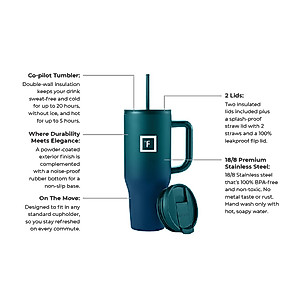 IRON °FLASK Co-Pilot 40 oz Insulated Tumbler with Straw & Flip Cap Lids - Cup Holder Bottle for Hot or Cold Drink - Leak-Proof, Double Walled - Water, Coffee Portable Travel Mug - Dark Night