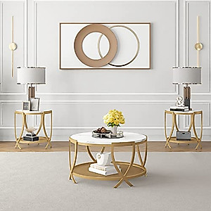 ASYA 2-Tier Round Coffee Table with Storage Open Shelf, 36 Inch Industrial Sofa Cocktail Table for Living Room, White & Gold