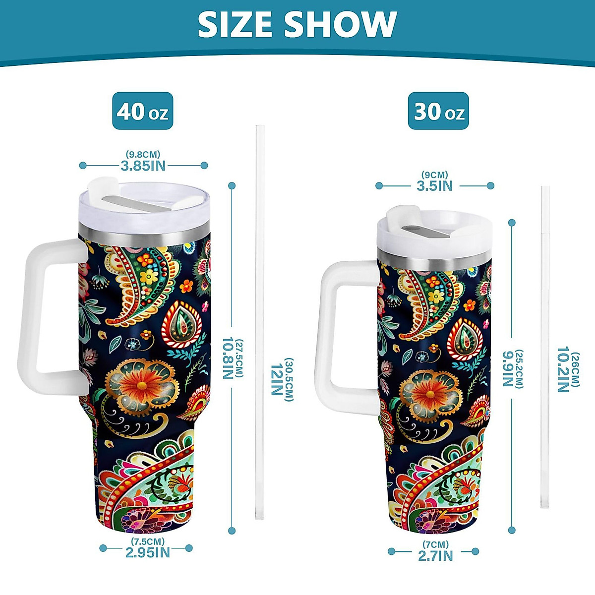 xigua 30 oz Paisley Flower Tumbler with Handle and Straw Lid, Stainless Steel Vacuum Insulated Sports Water Bottle, Keeps Cold or Hot Coffee Cup Travel Mug