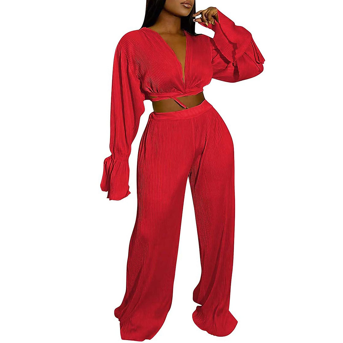 Women Boho 2 Piece Casual Outfit Long Sleeve Tie Front Cardigans Wide Leg Pants Tracksuit Set Red