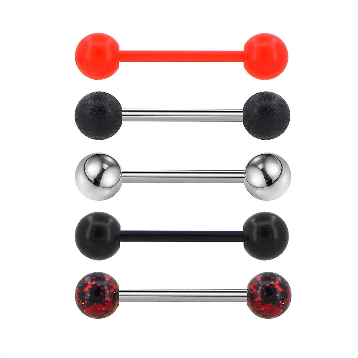 Jewseen 5PCS 14G 316L Stainless Steel Red Black Acrylic Balls Tongue Barbell Painting Tongue Rings Piercing